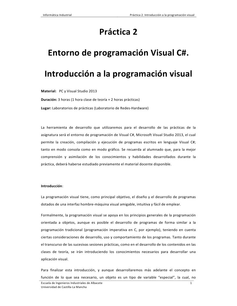 PDF de programación - Práctica 2 - Entorno de programación Visual C#